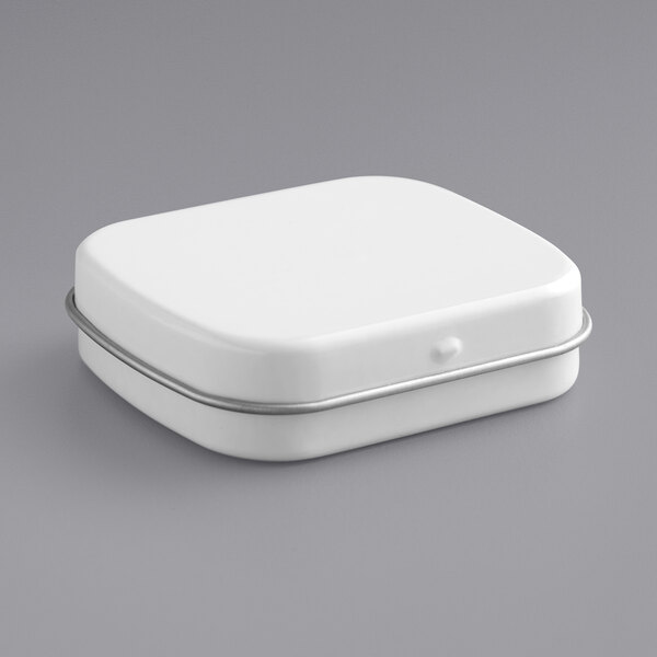 2 3/8" x 1 13/16" x 11/16" White Rectangular Tin with Hinged Lid - 384/Case