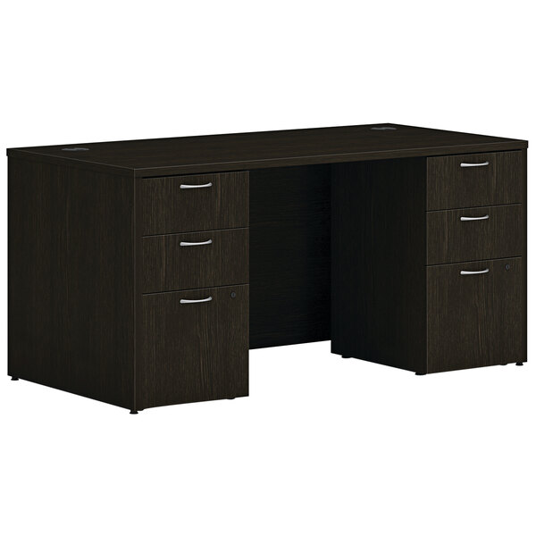 Hon Mod 30" x 60" Java Oak Laminate Desk with 2 Storage Pedestals
