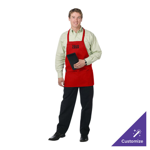 Chef Revival Red Poly-Cotton Customizable Bib Apron with 3 Pockets - 28 ...