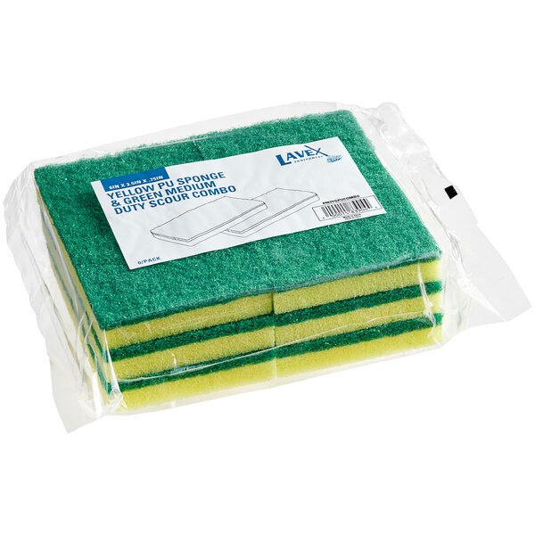 Lavex Janitorial 6" x 3 1/2" x 3/4" Yellow Sponge / Green Medium-Duty ...