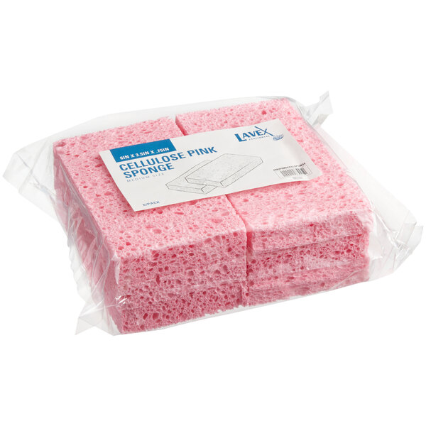 Lavex 6" x 3 1/2" x 3/4" Pink Cellulose Sponge - 6/Pack