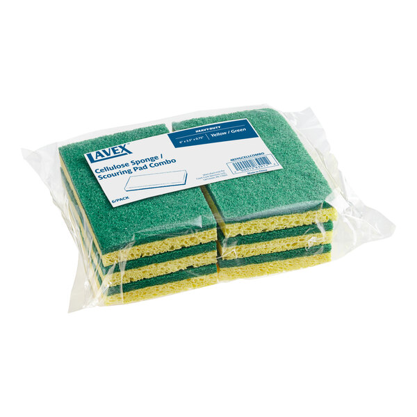 Lavex 6" x 3 1/2" x 3/4" Yellow Cellulose Sponge / Green Heavy-Duty ...