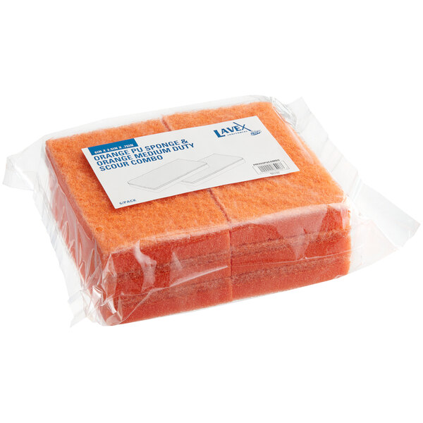 Lavex 6" x 3 1/2" x 3/4" Orange Sponge / Orange Medium-Duty Scouring ...