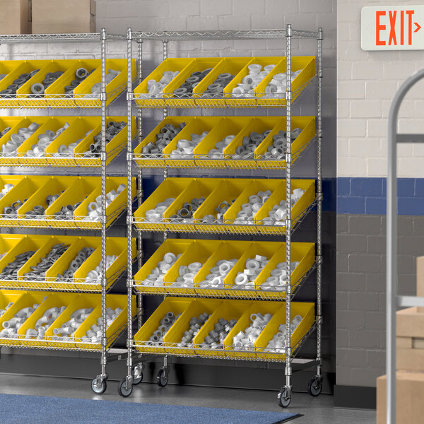 Regency 18" x 36" Mobile Slanted Chrome Shelf Unit with 25 Yellow Bins