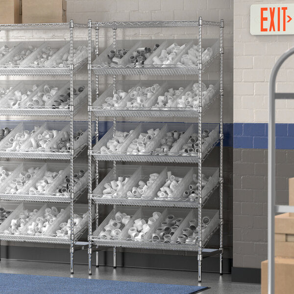 Regency 18" x 36" Stationary Slanted Chrome Shelf Unit with 20 Clear Bins