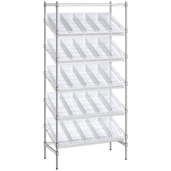 Regency 18" x 36" Stationary Slanted Chrome Shelf Unit with 25 Clear Bins