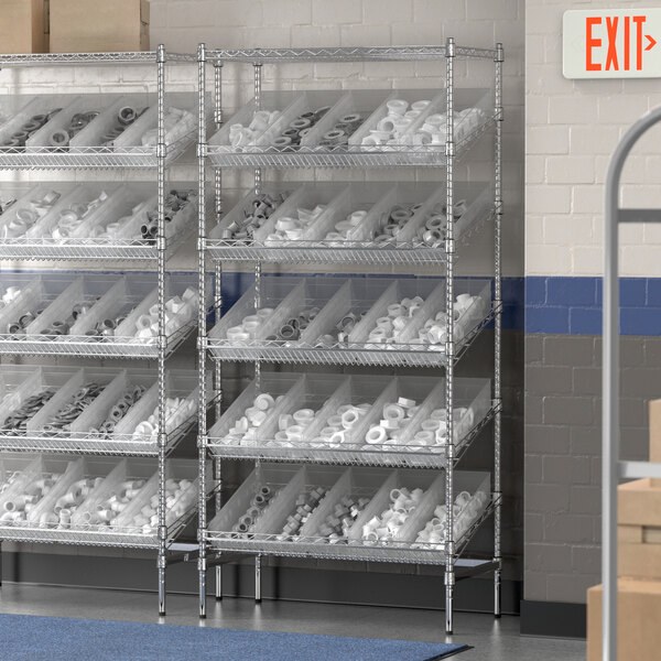 Regency 18" x 36" Stationary Slanted Chrome Shelf Unit with 25 Clear Bins