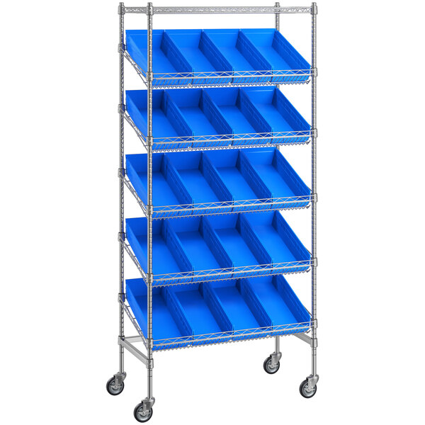 Regency 18" x 36" Mobile Slanted Chrome Shelf Unit with 20 Blue Bins