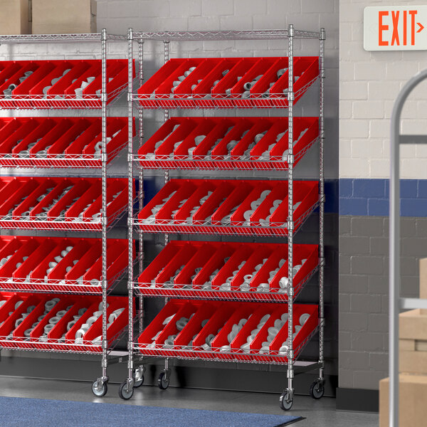 Regency 18" x 36" Mobile Slanted Chrome Shelf Unit with 40 Red Bins