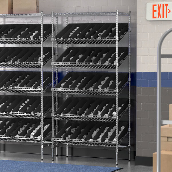 Regency 18" x 36" Stationary Slanted Chrome Shelf Unit with 40 Black Bins