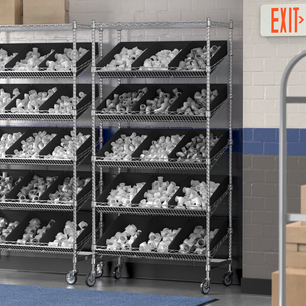 Regency 18" x 36" Mobile Slanted Chrome Shelf Unit with 15 Black Bins