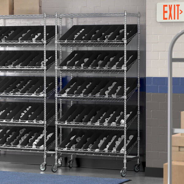 Regency 18" x 36" Mobile Slanted Chrome Shelf Unit with 40 Black Bins