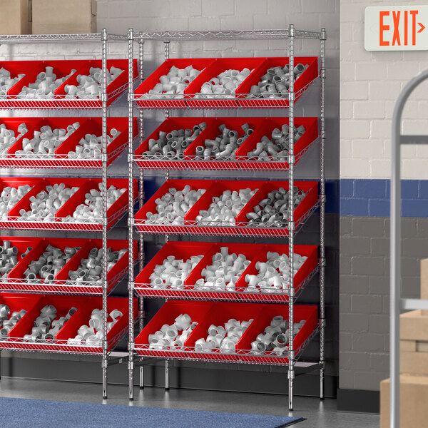 Regency 18" x 36" Stationary Slanted Chrome Shelf Unit with 15 Red Bins