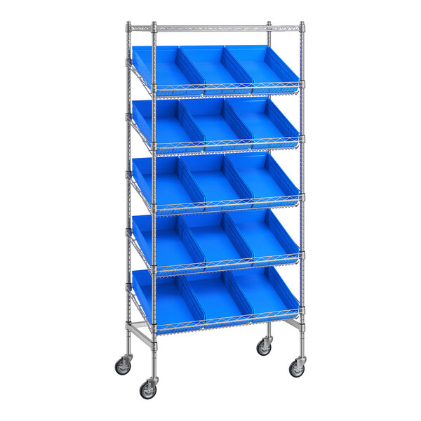 Regency 18" x 36" Mobile Slanted Chrome Shelf Unit with 15 Blue Bins