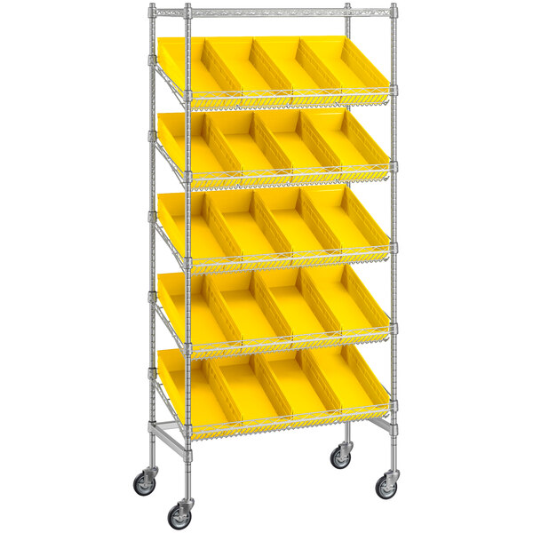 Regency 18" x 36" Mobile Slanted Chrome Shelf Unit with 20 Yellow Bins
