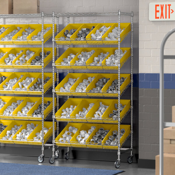 Regency 18" x 36" Mobile Slanted Chrome Shelf Unit with 20 Yellow Bins