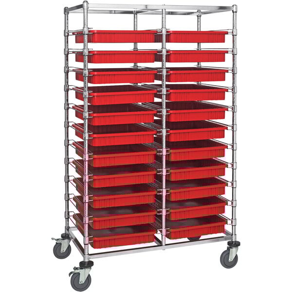 Quantum 24" x 40" x 69" Double Mobile Bin Cart with 22 Red Divider Bins ...