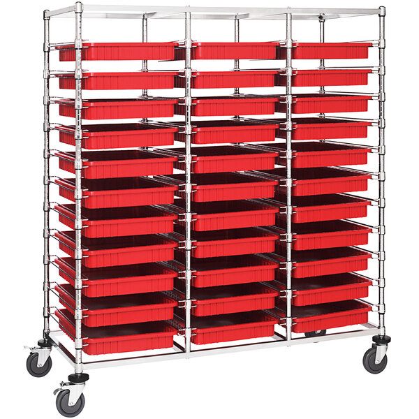 Quantum 24" x 60" x 69" Triple Mobile Bin Cart with 33 Red Divider Bins ...