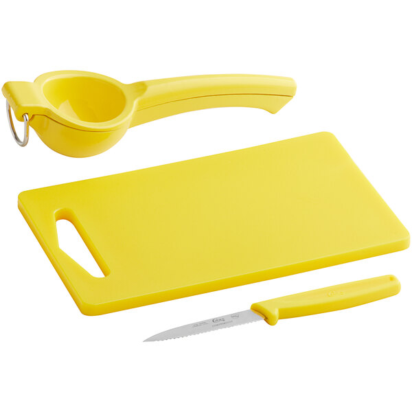 Choice 10" x 6" x 1/2" Yellow Bar Size Cutting Board and Lemon Prep Set