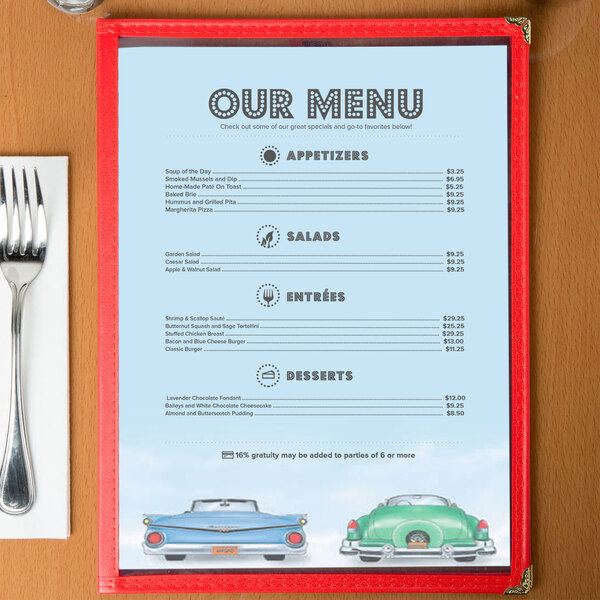 Choice 8 1/2" x 11" Menu Paper - Retro Themed Car Design Middle Insert ...