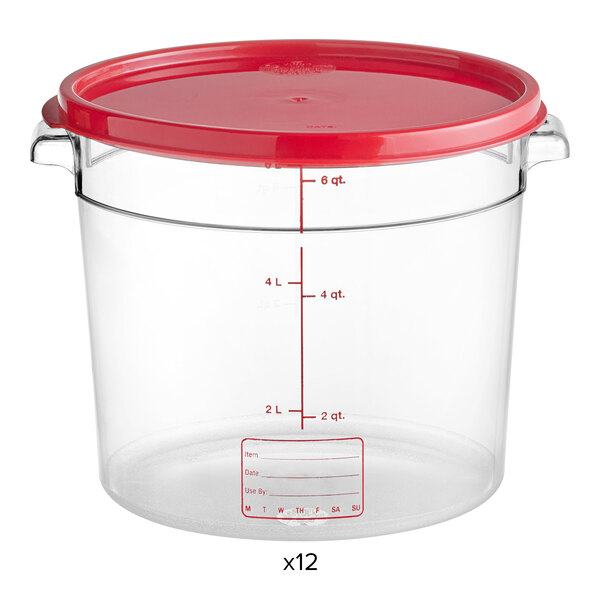 Vigor 6 Qt. Clear Round Polycarbonate Food Storage Container and Red ...
