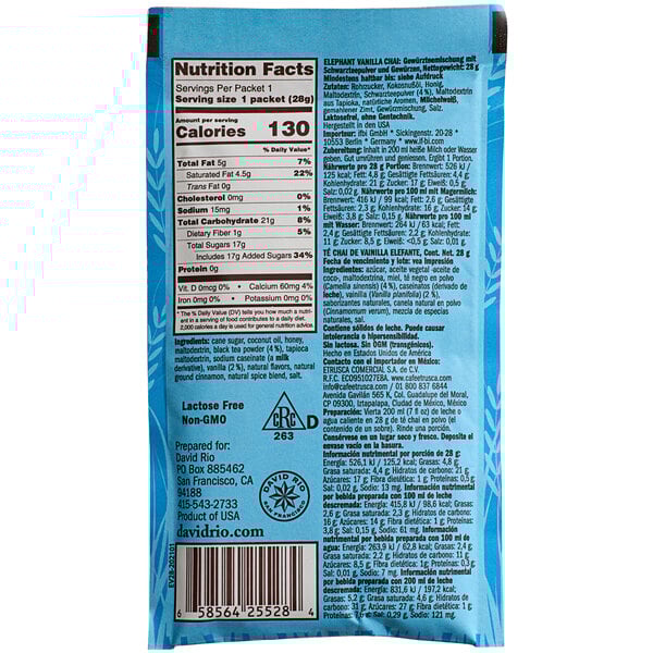 David Rio Elephant Vanilla Chai® Tea Latte Single Serve Packets - 12/Box