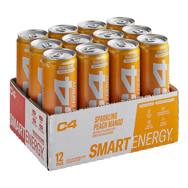 C4 SMART Energy Peach Mango Nectar Energy Drink 12 fl. oz. Can - 12/Case