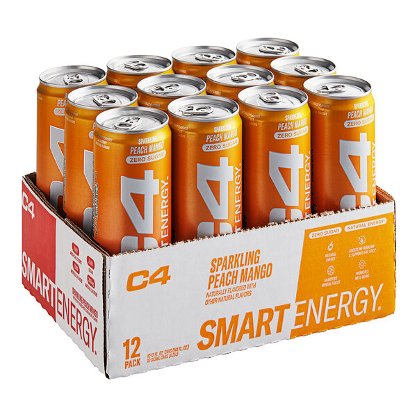 C4 SMART Energy Peach Mango Nectar Energy Drink 12 fl. oz. Can - 12/Case