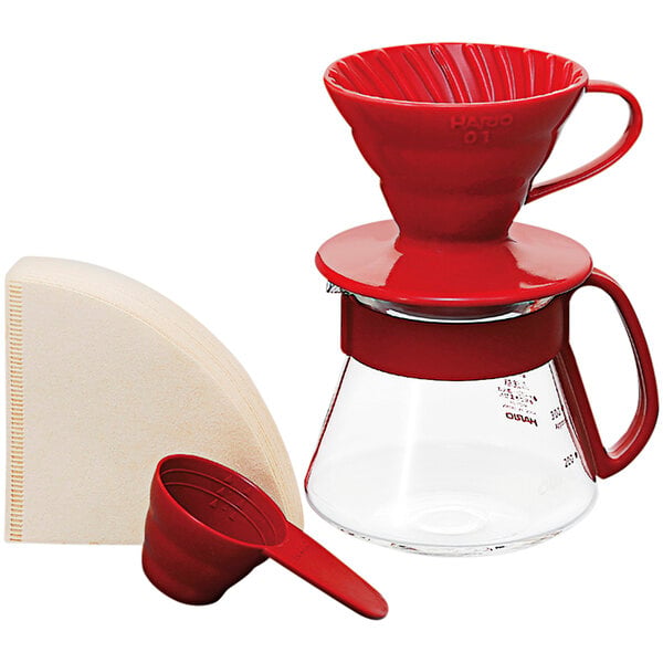 Hario V60 Size 01 Red Porcelain Coffee Dripper, Glass Server, Measuring ...