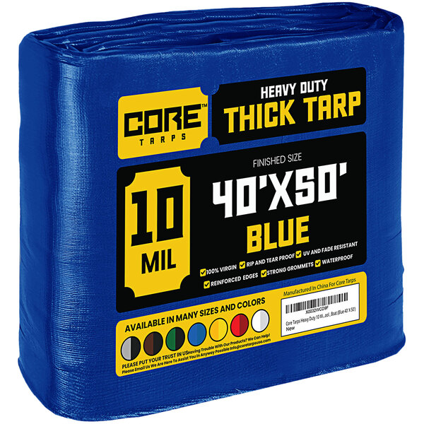 Core Tarps 40' x 50' Blue Heavy-Duty Weatherproof 10 Mil Poly Tarp with ...