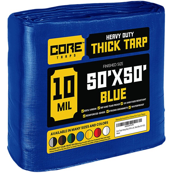 Core Tarps 50' x 50' Blue Heavy-Duty Weatherproof 10 Mil Poly Tarp with ...