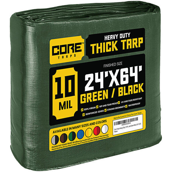 Core Tarps 24' x 64' Green / Black Heavy-Duty Weatherproof 10 Mil Poly ...