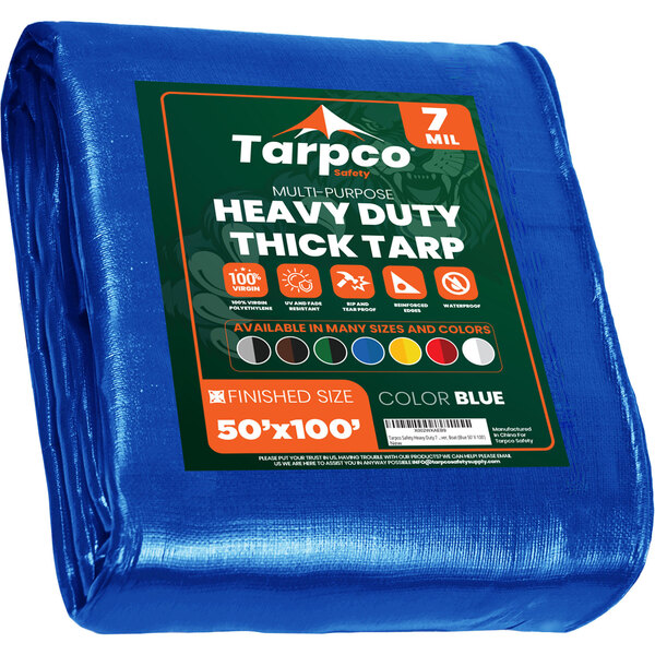 Tarpco Safety 50' x 100' Blue Heavy-Duty Weatherproof 7 Mil Poly Tarp ...