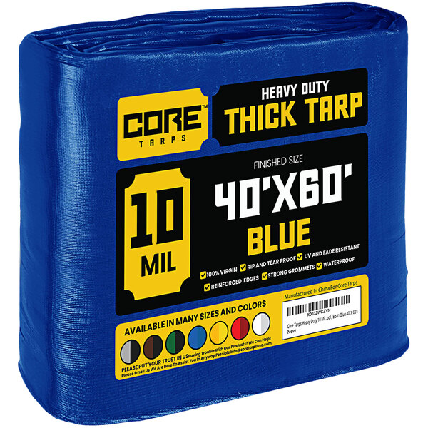 Core Tarps 40' x 60' Blue Heavy-Duty Weatherproof 10 Mil Poly Tarp with ...