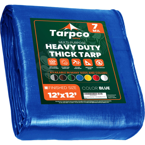 Tarpco Safety 12' x 12' Blue Heavy-Duty Weatherproof 7 Mil Poly Tarp ...