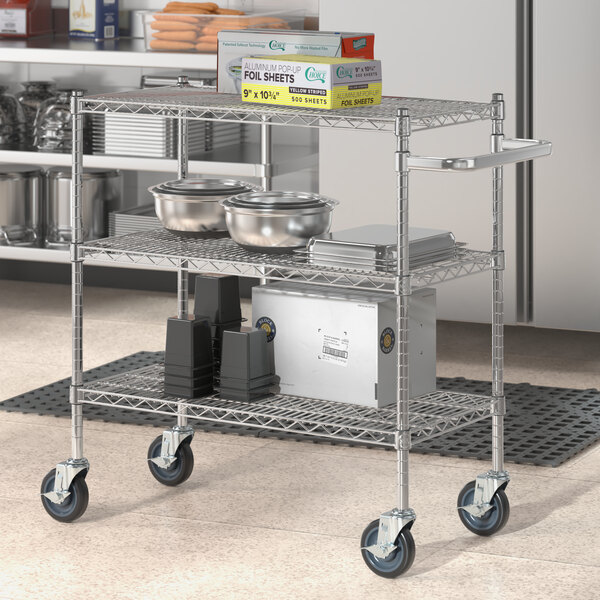 Regency 18" x 36" Three Shelf Chrome Utility Cart with U-Shaped Handle