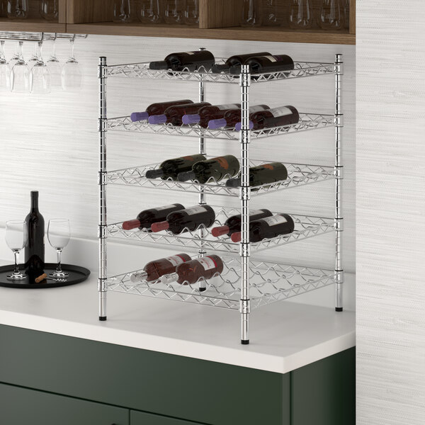 Regency 24" x 24" 5 Shelf 50-Bottle Chrome Wire Wine Rack with 34" Posts