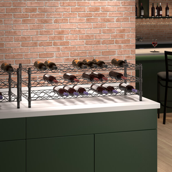 Regency 14" x 48" 3 Shelf 33-Bottle Black Epoxy Wire Wine Rack with 14 ...