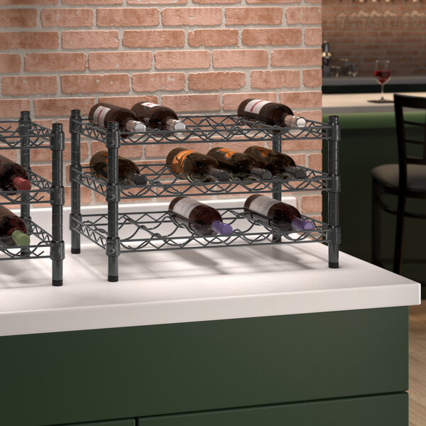 Regency 14" x 24" 3 Shelf 15-Bottle Black Epoxy Wire Wine Rack with 14 ...