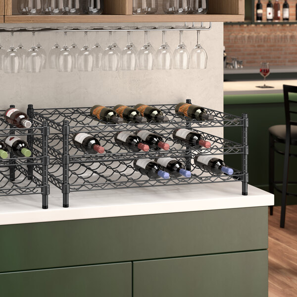 Regency 24" x 36" 3 Shelf 48-Bottle Black Epoxy Wire Wine Rack with 14 ...