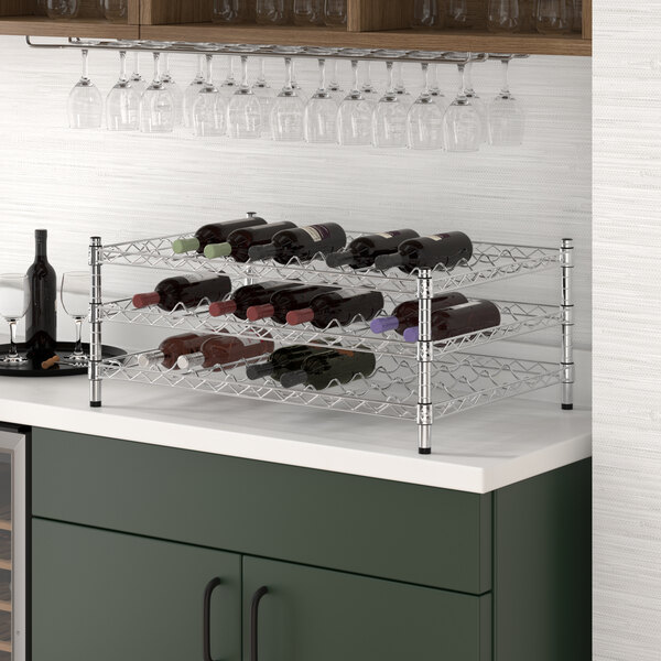 Regency 24" x 36" 3 Shelf 48-Bottle Chrome Wire Wine Rack with 14" Posts