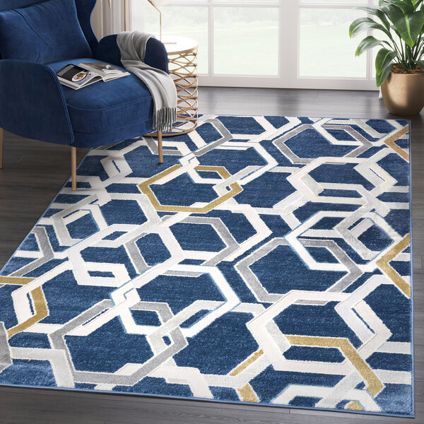 Abani Atlas Collection 6' x 9' Blue / Gray Contemporary Multi Hexagon ...