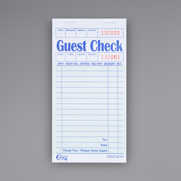 Choice 1 Part Green and White Guest Check with Top Guest Receipt - 50/Case