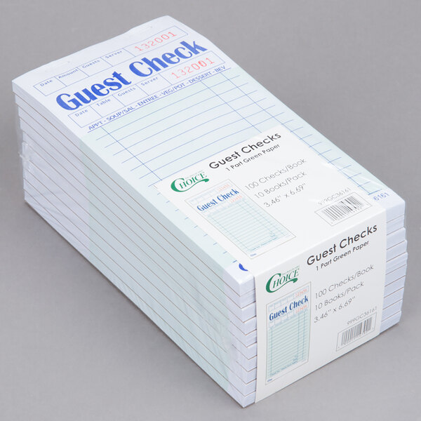 Choice 1 Part Green and White Guest Check with Top Guest Receipt - 50/Case