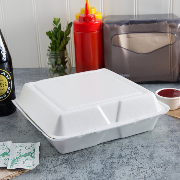 Dart 95HT1R 9 1/2" x 9" x 3" White Foam Square Take Out Container with Hinged Lid - 200/Case