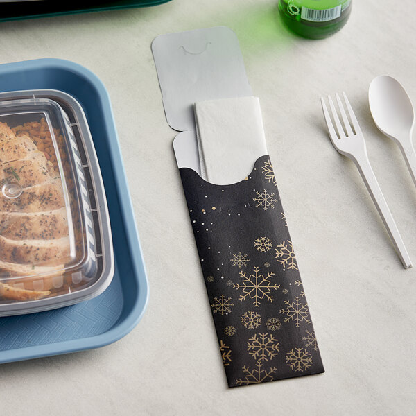 Dinex Black Happy Holidays Paper Cutlery Caddy with Napkin - 600/Case