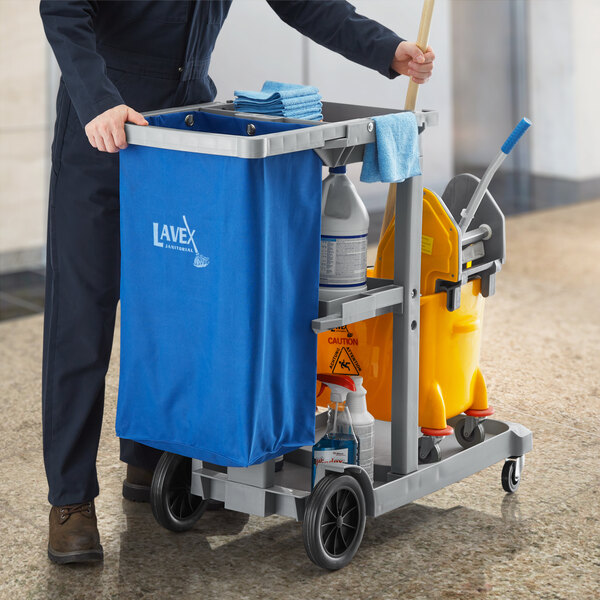 Lavex Gray 3-Shelf Janitor Cart with Blue Vinyl Bag