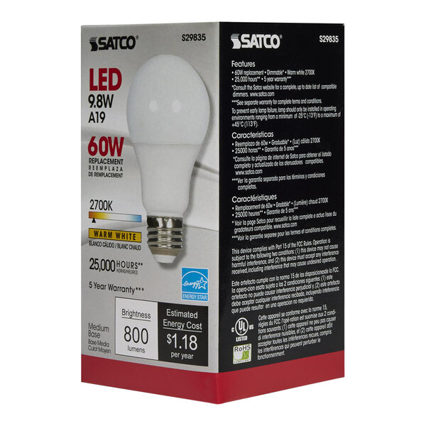 Satco S29835 9.8W Dimmable Frosted LED Lamp, 800 Lumens, 2700K (A19)