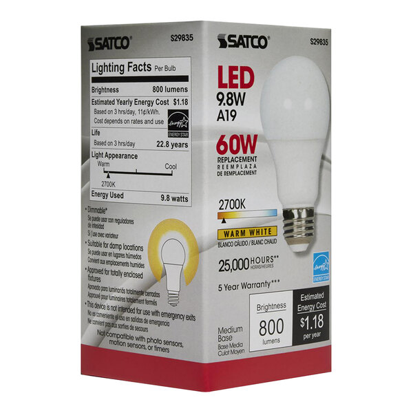 Satco S29835 9.8W Dimmable Frosted LED Lamp, 800 Lumens, 2700K (A19)