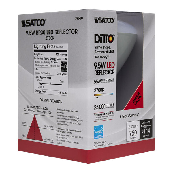 Satco S9620 9.5W Dimmable Frosted LED Flood Lamp, 750 Lumens, 2700K (BR30)